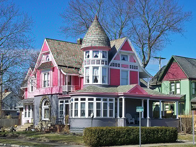 That pink Victorian could make Barbie jealous - proof that small towns do glamour their own way. 