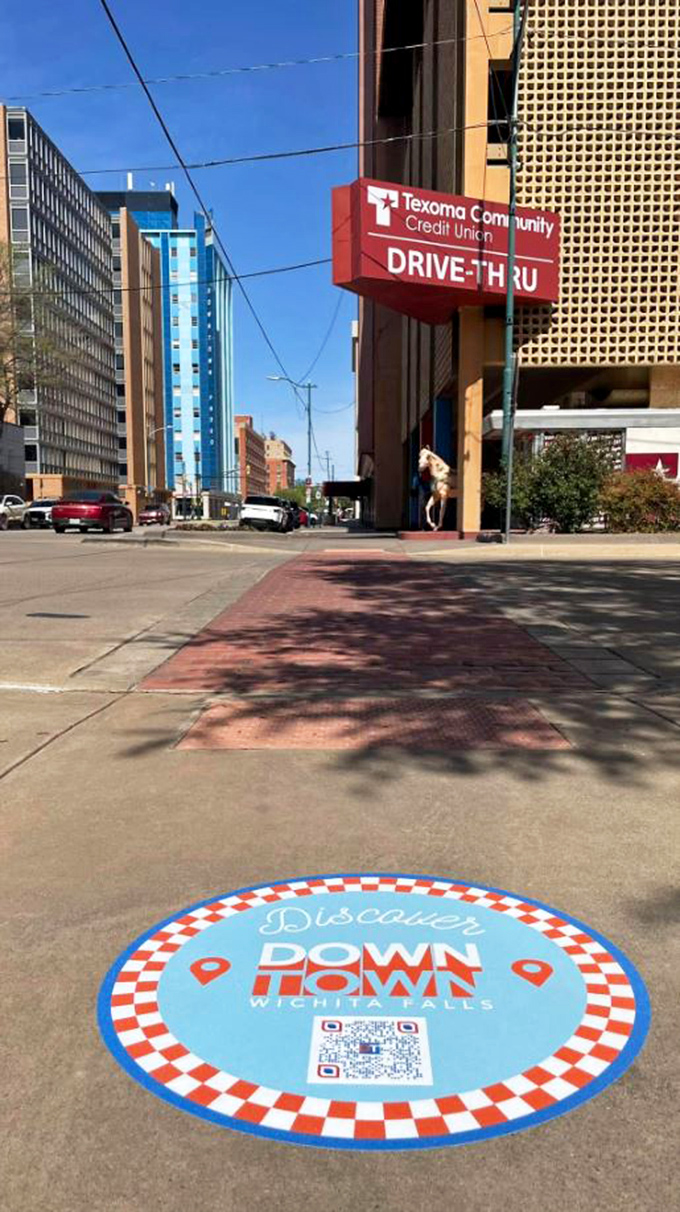 "Discover Downtown" indeed! Wichita Falls invites exploration with colorful sidewalk markers guiding your urban adventure.