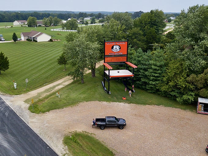 From above, the Red Rocker commands attention in the landscape, a bright exclamation point on the rolling green canvas of rural Missouri.