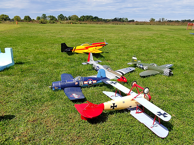 Miniature marvels of aviation history lined up like colorful time machines, ready to take flight over Philadelphia's hidden green gem.