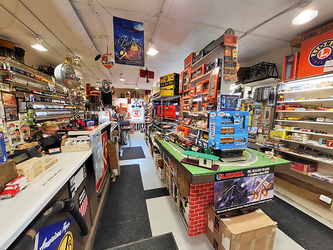 Not just a museum but a treasure trove for enthusiasts. This aisle of train memorabilia is like a hardware store for people who dream in HO scale.