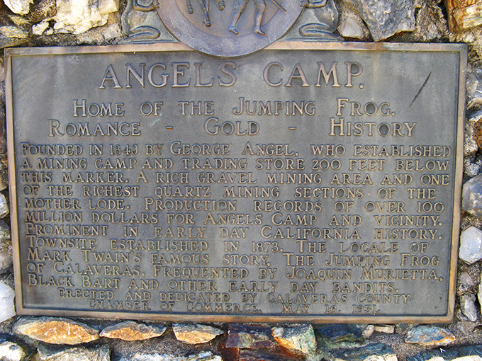 History buffs rejoice! This plaque reveals Angels Camp's jumping frog connection to Mark Twain, proving great literature can spring from small-town tales.