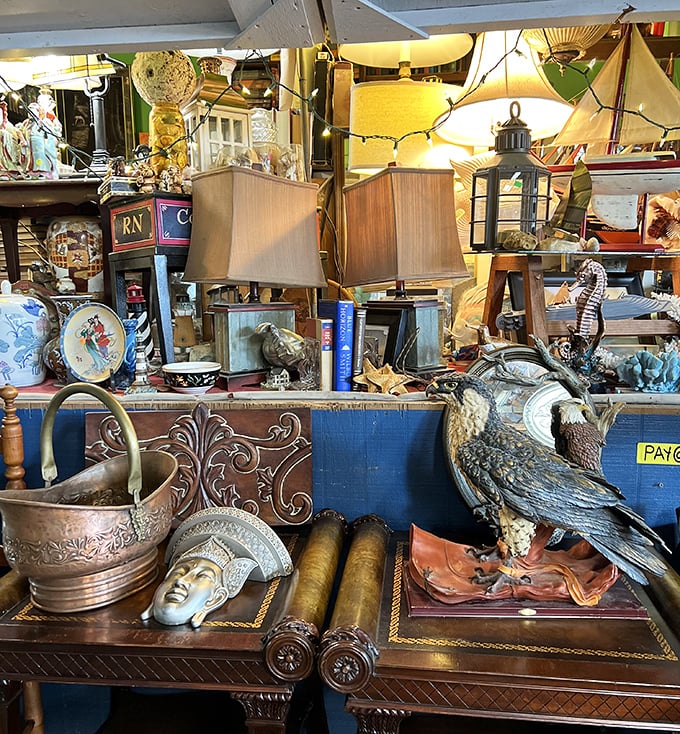 Every antique collector's fantasy—organized chaos where that perfect brass eagle or vintage lamp is just waiting to be discovered.