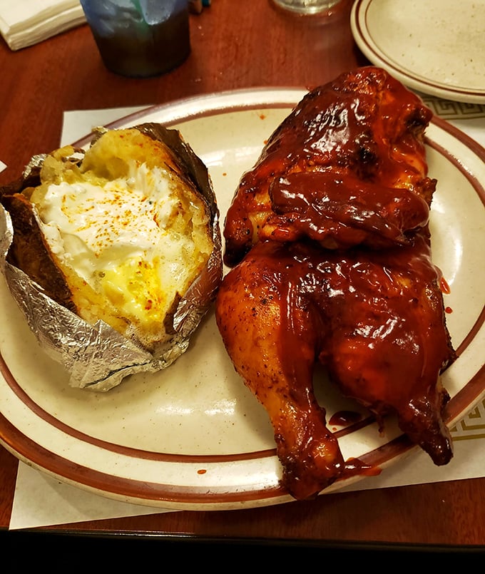 BBQ chicken and a loaded baked potato—the dinner equivalent of a warm hug from someone who really knows how to cook.