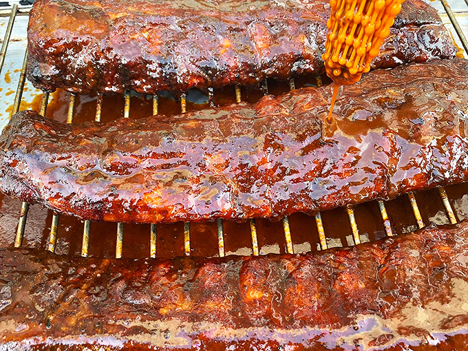 These ribs aren't just glazed—they're lacquered with barbecue perfection. The brush stroke of sauce is basically edible calligraphy.