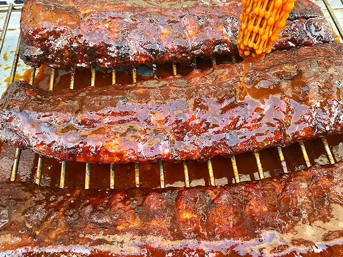 These ribs aren't just glazed—they're lacquered with barbecue perfection. The brush stroke of sauce is basically edible calligraphy.