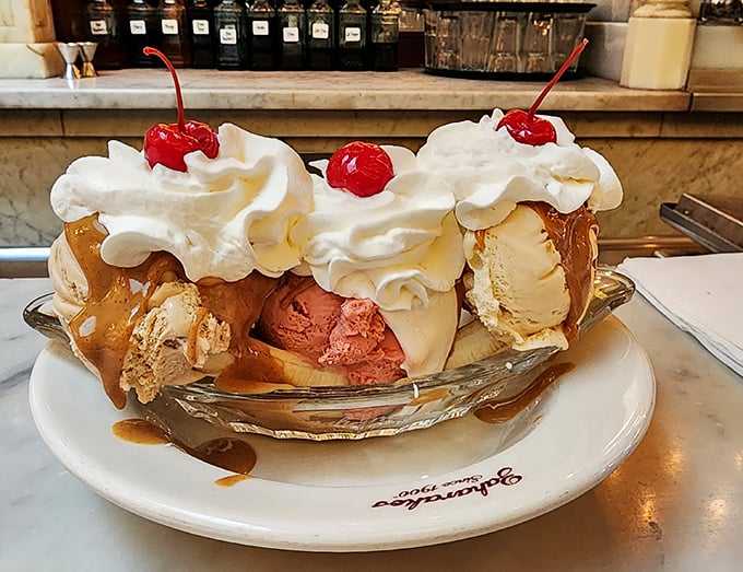 The banana split here isn't just dessert, it's a showstopper – a boat of creamy islands in a sea of caramel, topped with whipped cream mountains.