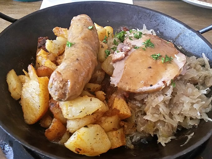 The breakfast that launched a thousand return visits. German sausage, potatoes, and sauerkraut—a morning trio that puts cereal to shame.