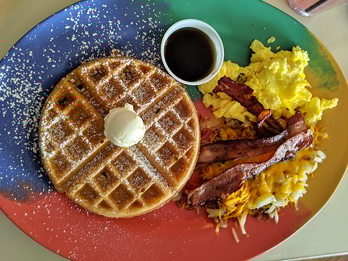 The perfect Belgian waffle doesn't exi— wait, here it is! Golden, crisp exterior, fluffy inside, with eggs and bacon playing the perfect supporting roles.