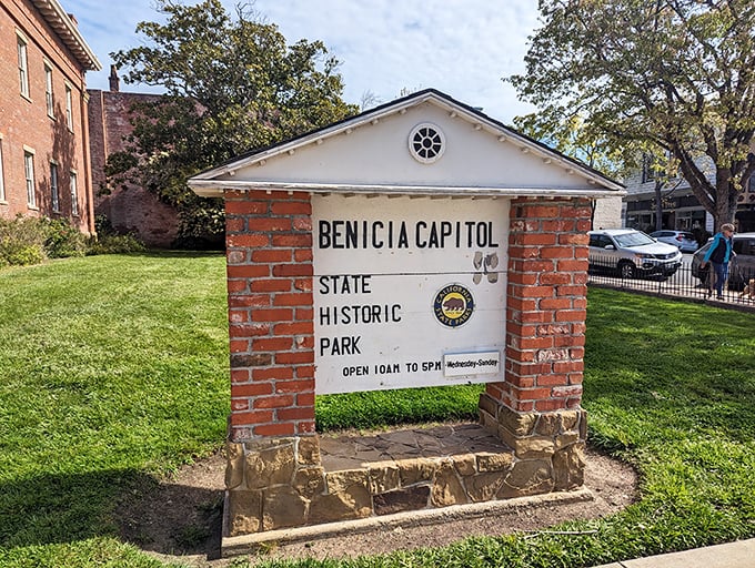 The brick entrance sign to Benicia Capitol State Historic Park – where California's political drama played out before Hollywood was even invented.