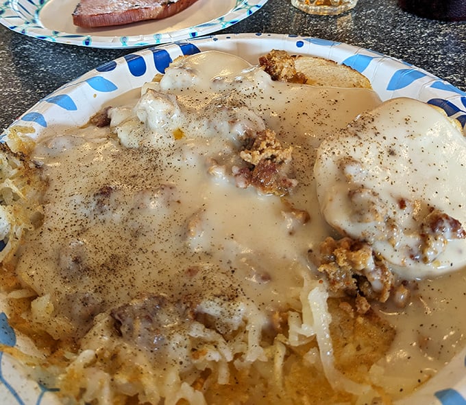 Biscuits and gravy that doesn't just stick to your ribs – it sends a postcard and establishes permanent residence. Comfort food that means business.