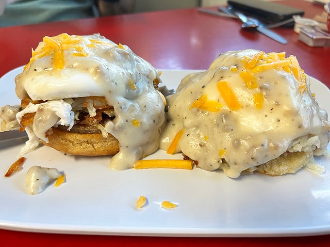 Biscuits drowning happily in gravy – the Southern way to start any respectable day.