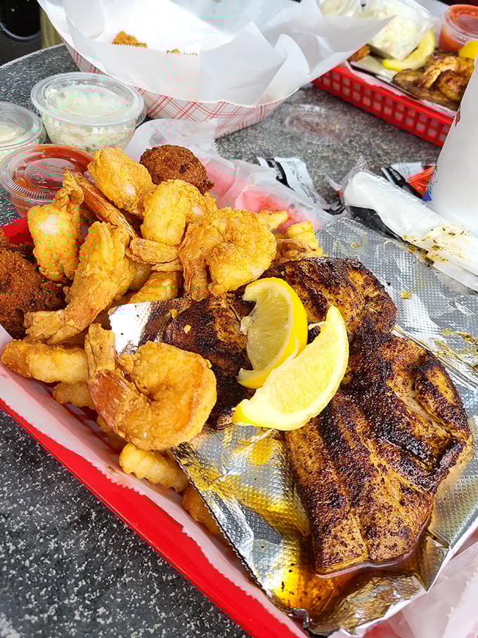 The blackened mahi wears its spices like a badge of honor, while the fried shrimp huddle together as if planning a delicious escape.