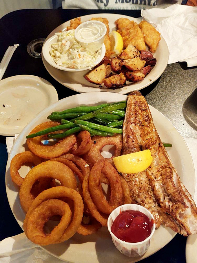 Lake Erie's finest fish gets the royal treatment with a perfectly blackened walleye, crisp onion rings, and green beans that actually make you want to eat vegetables.