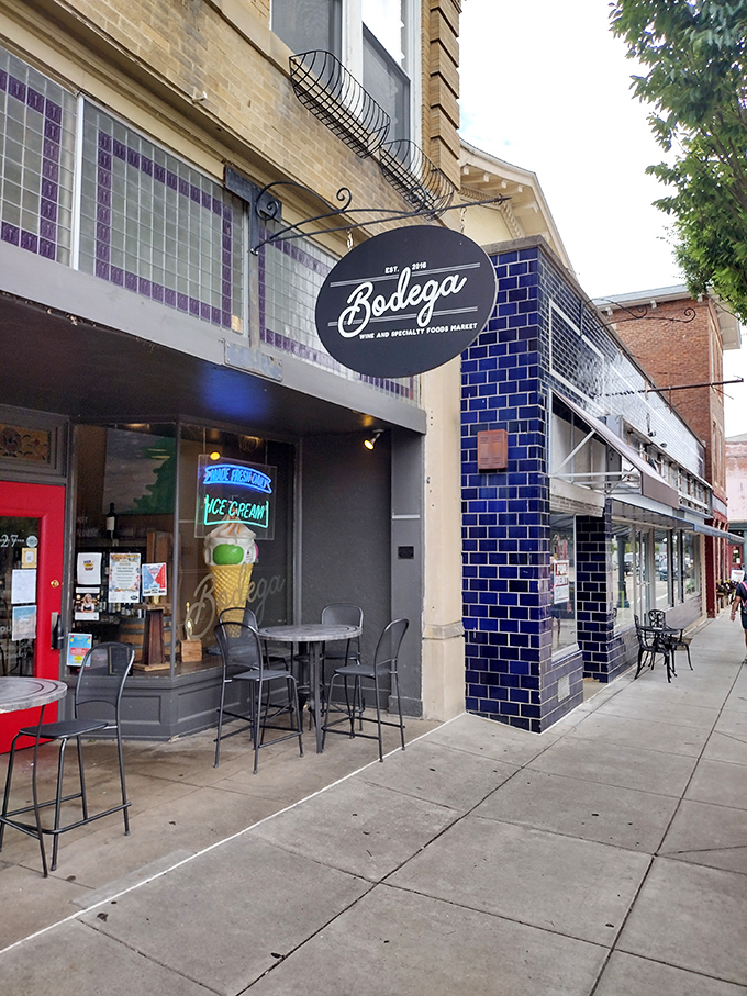 Bodega Market's vibrant blue tilework and ice cream sign beckon passersby. This isn't just shopping—it's a social experience with dessert included.
