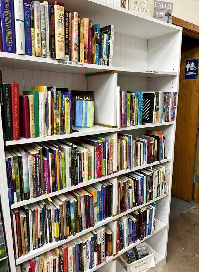 The book section rivals small-town libraries—Christian fiction neatly organized for readers seeking both spiritual guidance and literary escape.