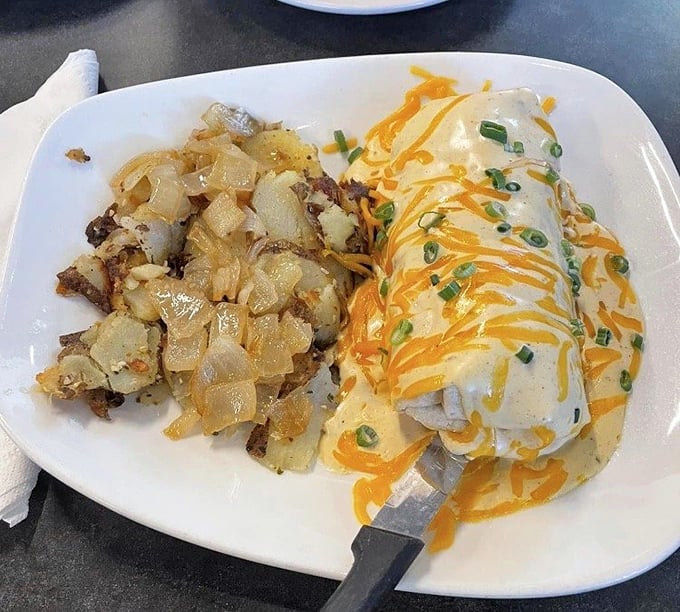 This breakfast burrito, crowned with melted cheese and green onions, isn't just a meal – it's morning motivation wrapped in tortilla glory.