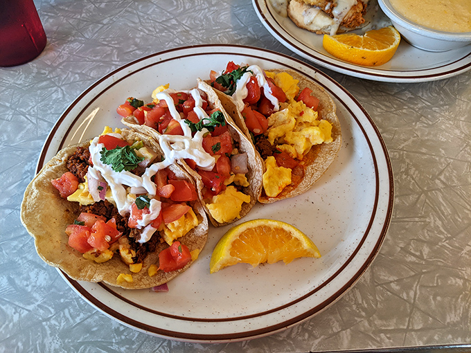 These breakfast tacos don't need a passport to deliver authentic flavor—just tortillas cradling eggs, chorizo, and morning bliss.