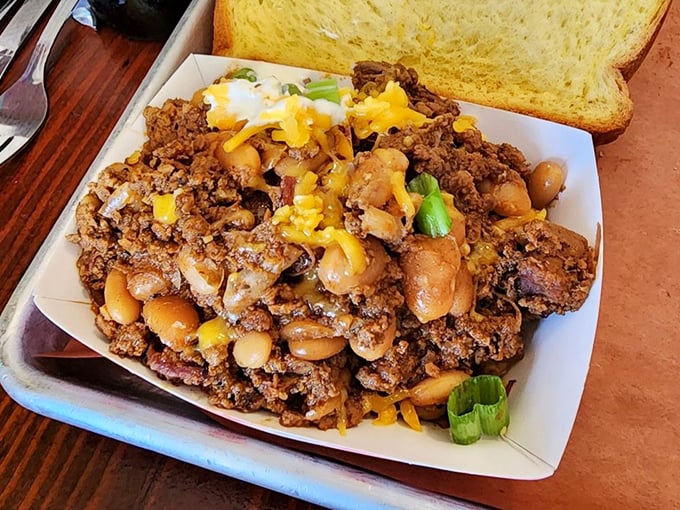 This isn't just chili—it's a meaty revelation. Brisket and beans coming together like the world's most delicious family reunion.