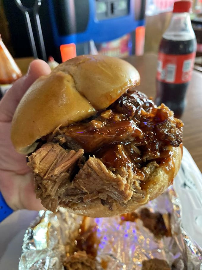 A pulled pork sandwich so juicy you'll need extra napkins—and possibly a bib. Worth every messy, delicious bite.