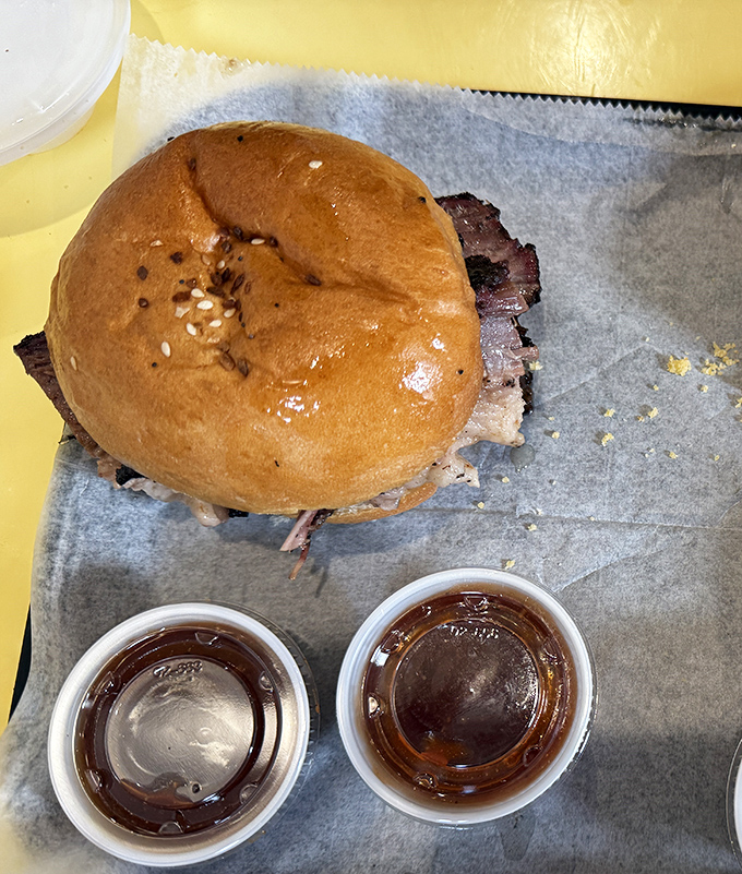 A sandwich that requires both hands and several napkins is always a good sign. This brisket creation isn't just lunch—it's a commitment worth making.