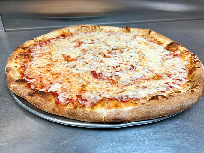 Pizza perfection in its most honest form—a beautifully balanced cheese pie with that ideal sauce-to-cheese ratio that haunts your dreams.