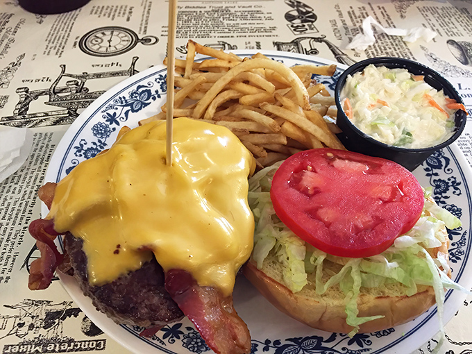 A cheeseburger that could make a vegetarian question their life choices – gloriously unapologetic.