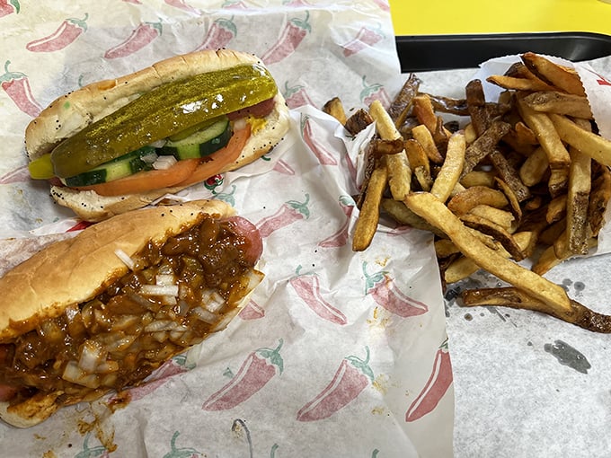 Behold the Chicago dog in its natural habitat – dressed to the nines and ready to party.