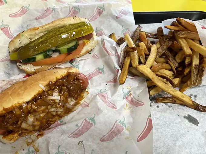 Behold the Chicago dog in its natural habitat – dressed to the nines and ready to party.
