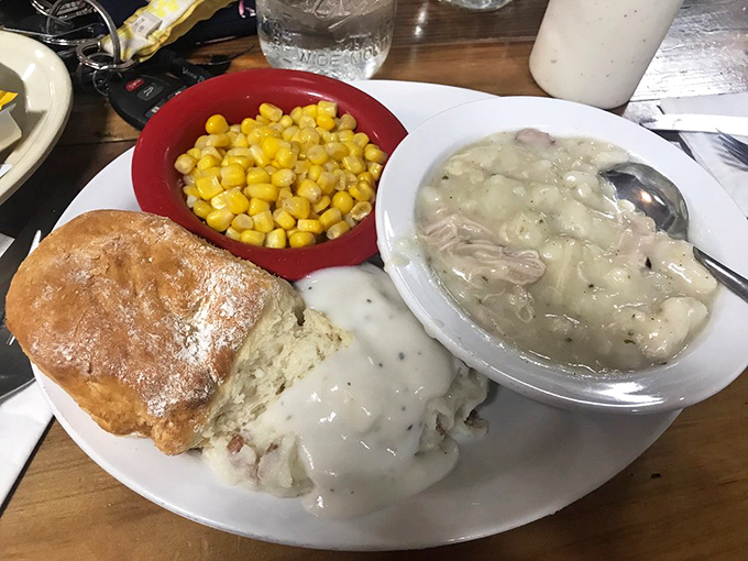 Comfort in a bowl – chicken and dumplings with sweet corn on the side. The kind of meal that makes you want to hug whoever made it.