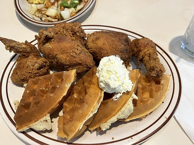 Fried chicken and waffles—proof that breakfast and dinner can live together in perfect, crispy harmony.