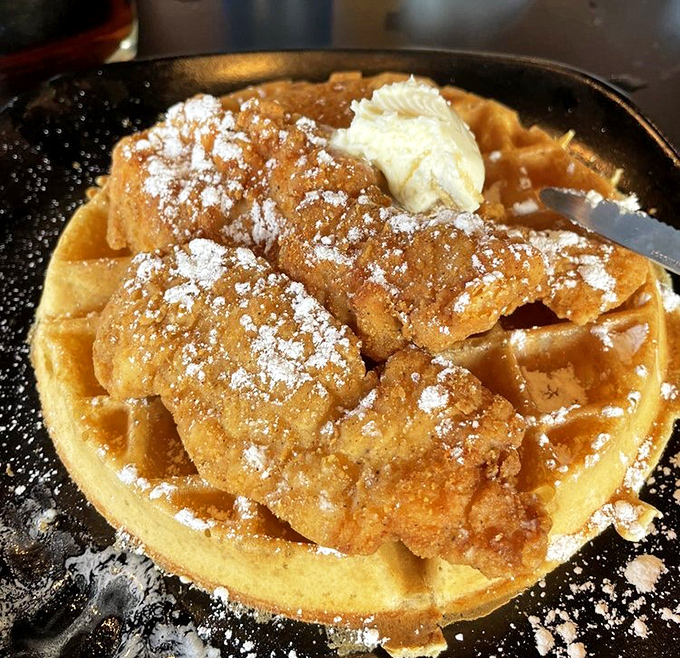 The chicken and waffle combo that makes you question why we ever separated these soulmates in the first place. A marriage of crispy and sweet.