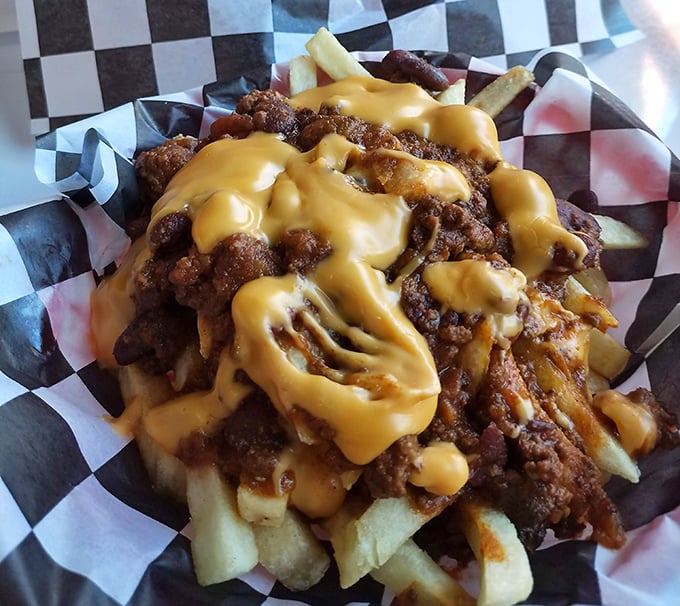Chili cheese fries that don't apologize for their existence – a glorious mess that requires both a fork and absolutely zero regrets.