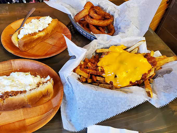 These cheese fries aren't just a side dish—they're the main event, with melty yellow cheese cascading over fresh-cut potatoes like a comfort food waterfall.