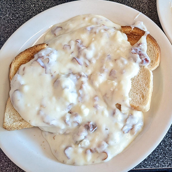 Creamy chipped beef on toast – what military veterans affectionately nicknamed "SOS" – elevated to an art form that grandmother would approve of.