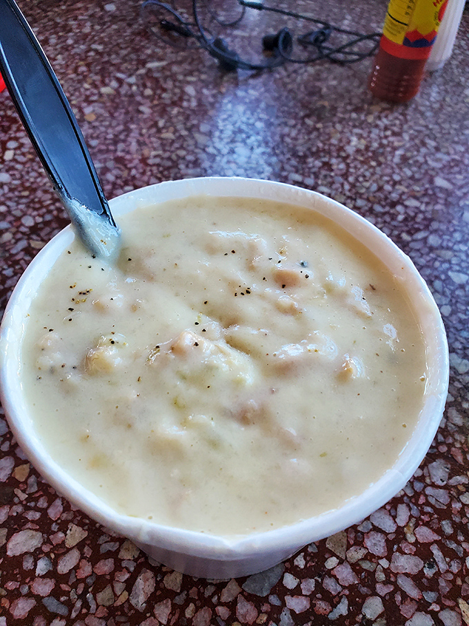 Clam chowder that doesn't hide behind fancy garnishes – just honest, creamy goodness with plenty of clams. The kind that makes you forget your table manners.