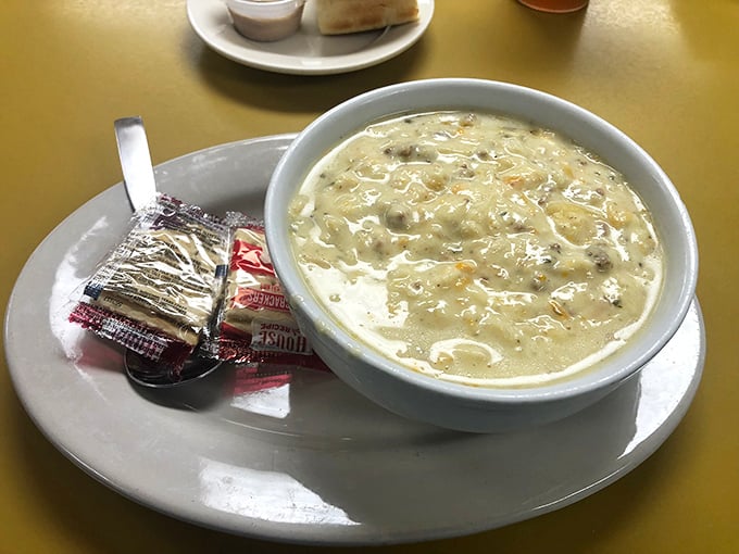 Clam chowder so hearty it could qualify as a main course. The crackers are just there for moral support.