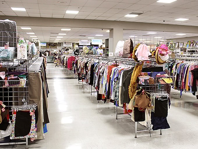 The clothing aisles stretch toward the horizon like a secondhand fashion runway. Each rack holds potential style transformations.