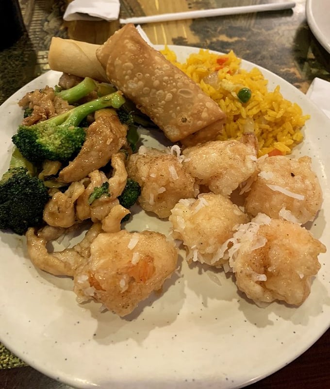 The perfect buffet plate doesn't exi— Oh wait, here it is! Coconut shrimp, chicken, and broccoli create a harmony of flavors.