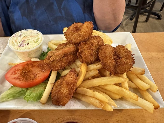 Golden-fried coconut shrimp that would make even the most dedicated crab cake fan temporarily switch allegiances. Temporarily.