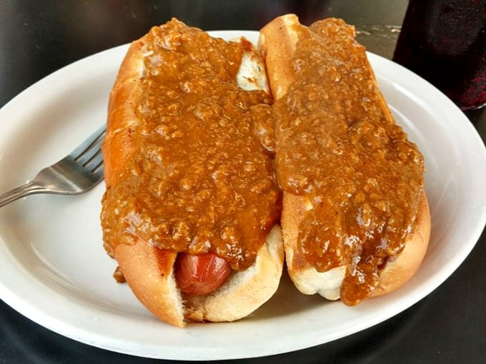 Coney dogs swimming in homestyle chili—a Michigan tradition that makes you wonder why anyone would ever eat a plain hot dog again.