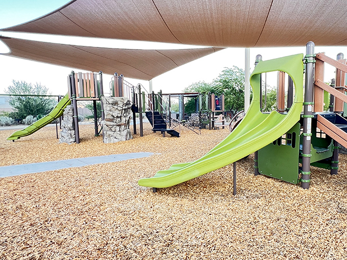 Even the playground equipment knows it's in the desert – those shade sails aren't just stylish, they're survival gear for the little ones.