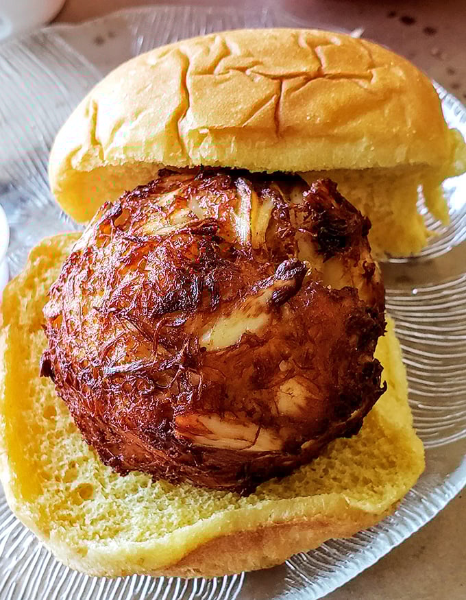 The perfect crab cake sandwich doesn't exi— Oh wait, here it is! Golden-brown perfection that's mostly crab and just enough binding to keep it together.