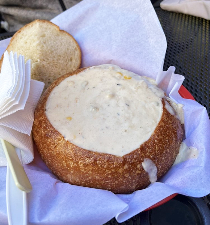 Crab chowder served in a sourdough bread bowl—San Francisco's version of edible dinnerware and the ultimate solution to the age-old question: "Can I eat the dish too?"