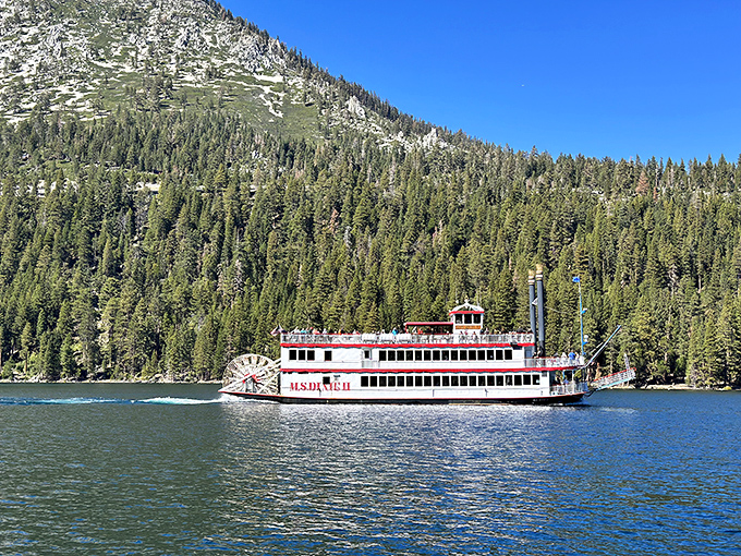 The M.S. Dixie II paddlewheeler cruises through Emerald Bay like a time machine, offering floating front-row seats to Sierra Nevada grandeur.
