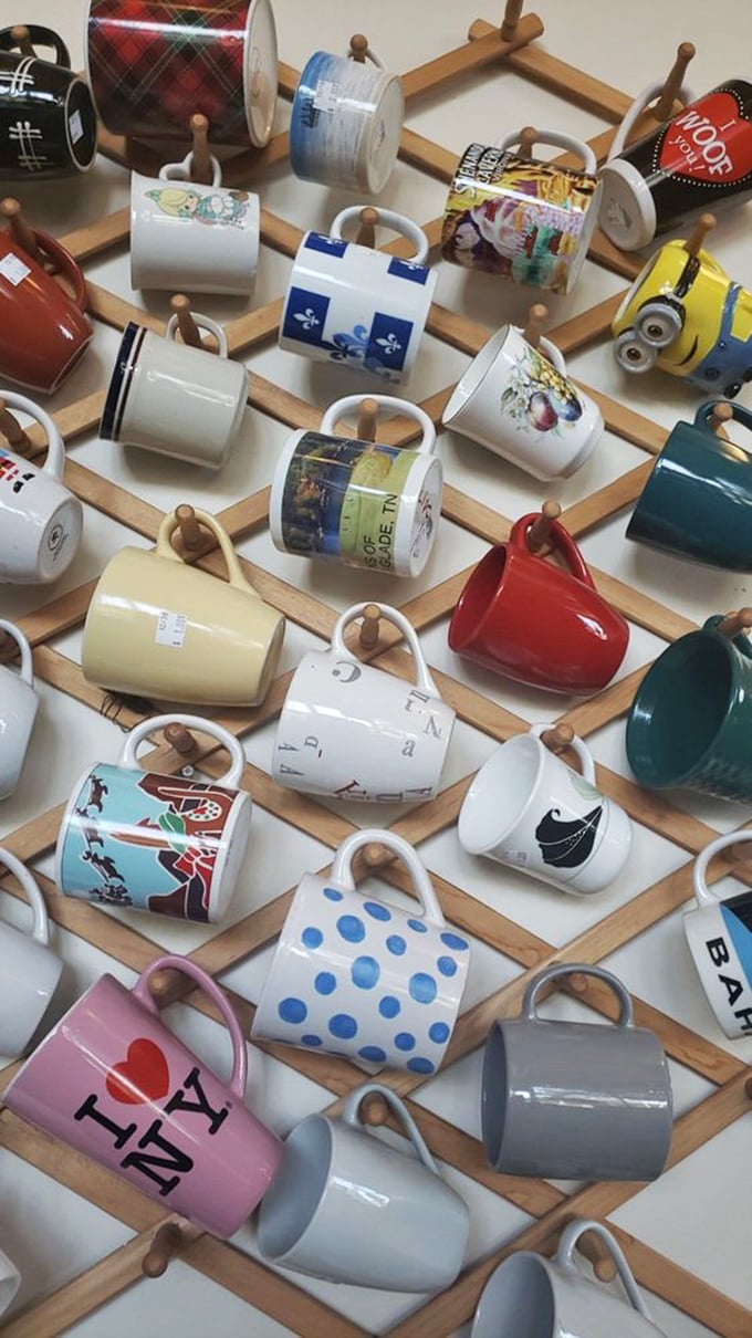 Mug collectors, beware! This display of character cups and colorful mugs will have you justifying "just one more" for your already crowded cabinet.