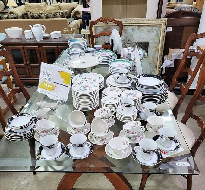 Grandmother's china cabinet exploded in the best possible way. One person's downsizing becomes another's complete dinner service for twelve.