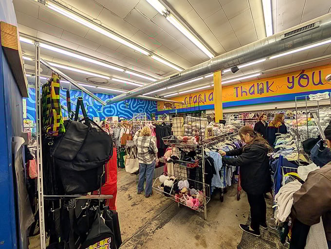 Shoppers navigate the well-stocked aisles with the focused determination of archaeologists on the verge of discovering fashion gold.