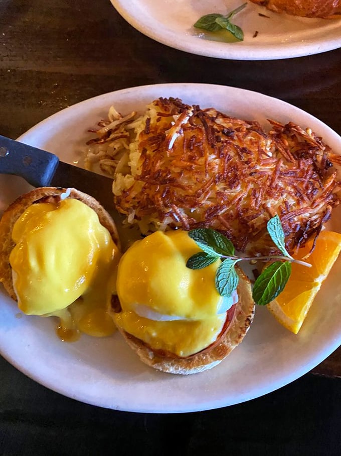 Eggs Benedict done right—hollandaise cascading like a golden waterfall over English muffins, with hash browns crisped to perfection. Morning salvation on a plate.