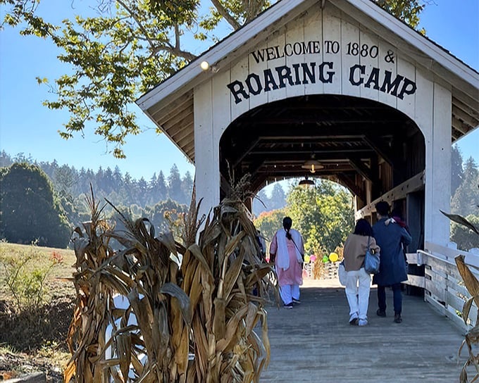 "Welcome to 1880s Roaring Camp"—a covered bridge entrance that might as well be a portal to California's logging heyday.